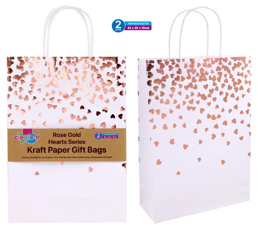2PK White Rose Gold Heart Gift Bags – 35x25x10cm – IFPACK
